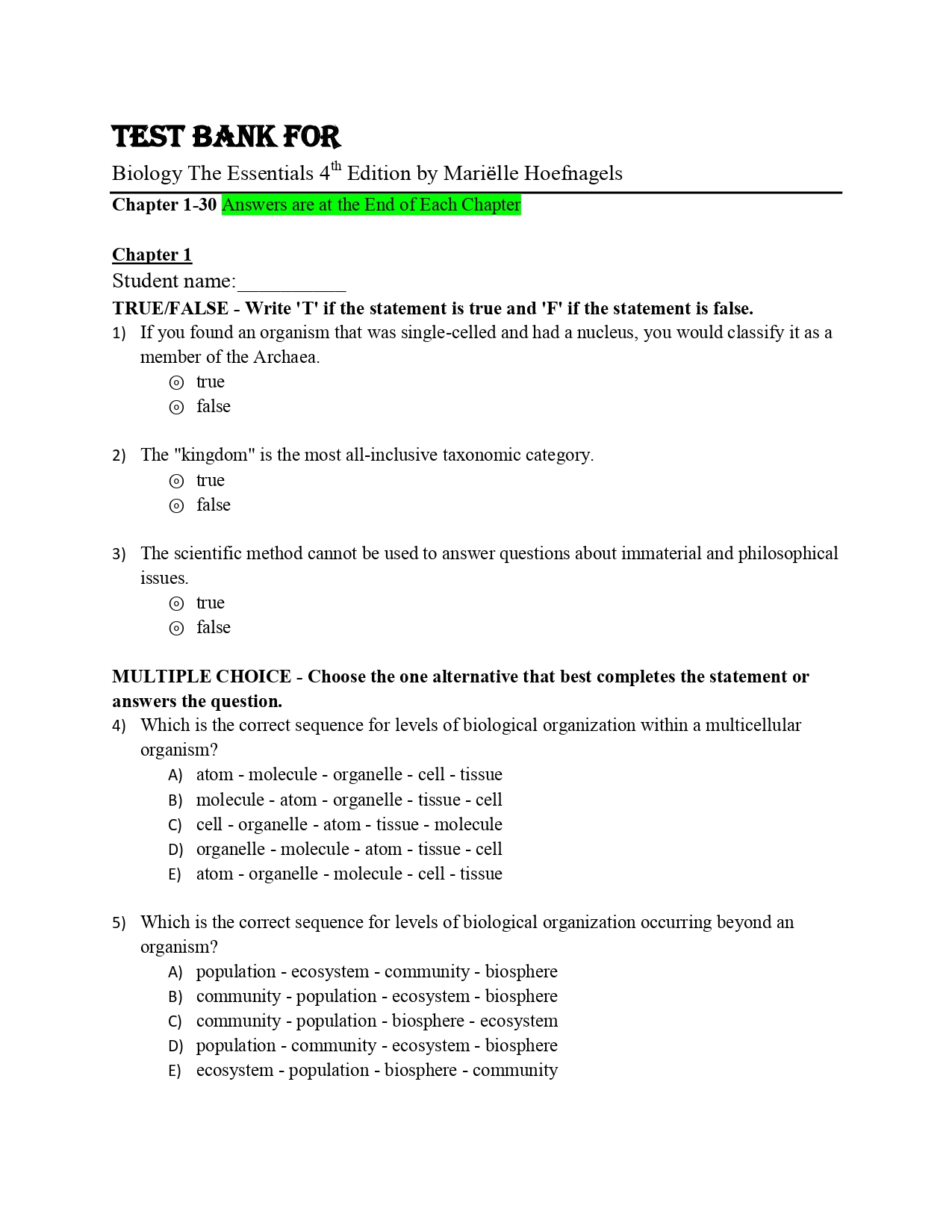 Test Bank For Biology The Essentials 4th Edition by Marielle | Inspire ...