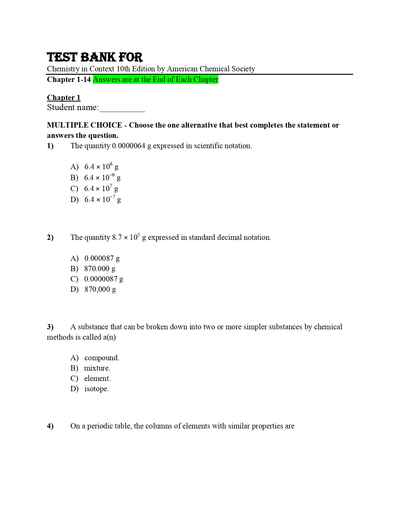 Test Bank For Chemistry in Context 10th Edition by American | Inspire ...