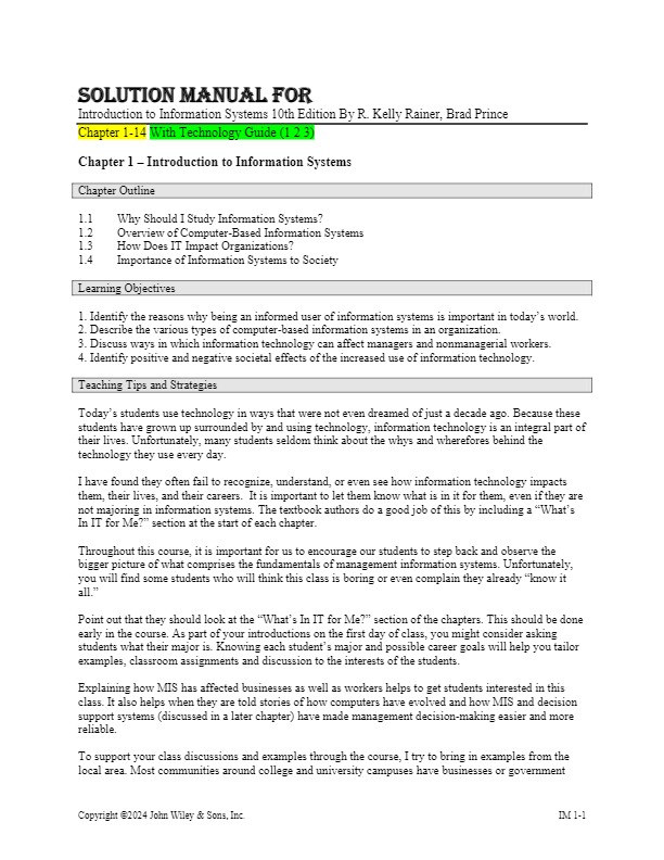 Solution Manual For Introduction To Information Systems 10th Inspire
