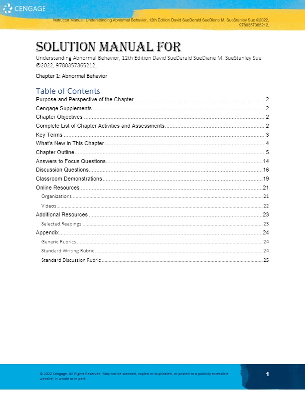 Solution Manual For Understanding Abnormal Behavior, 12th Ed | Inspire ...