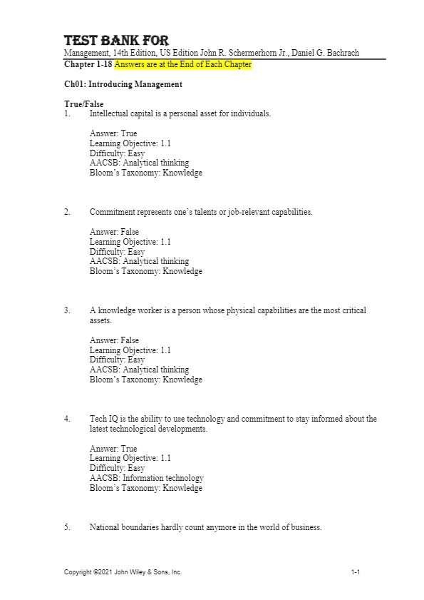 Test Bank For Management, 14th Edition by US Edition John R. | Inspire ...