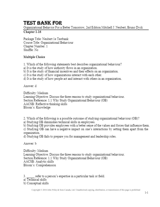 Test Bank For Organizational Behavior For a Better Tomorrow, | Inspire ...