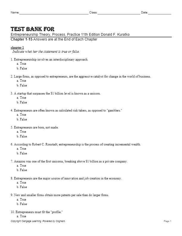 Test Bank For Entrepreneurship Theory, Process, Practice 11t | Inspire ...