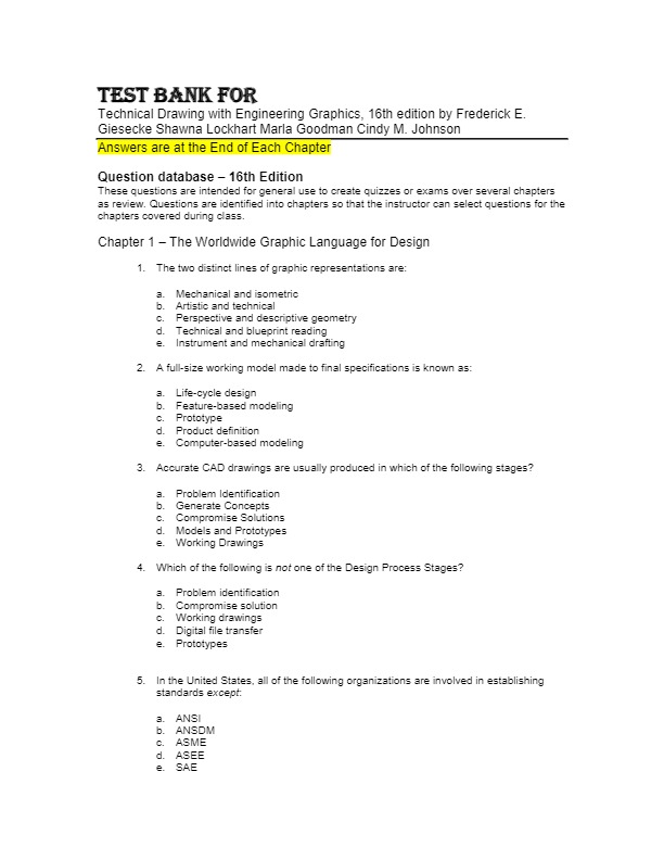 Test Bank For Technical Drawing with Engineering Graphics, 1 | Inspire ...