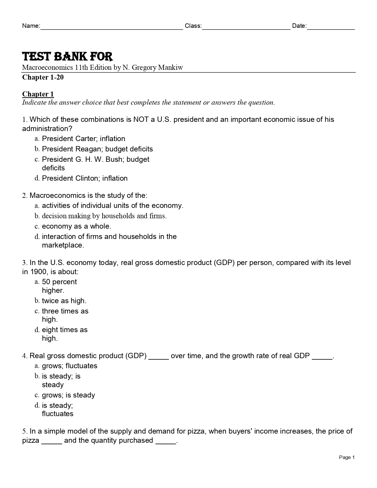 Test Bank For Macroeconomics 11th Edition by N. Gregory Mank | Inspire ...