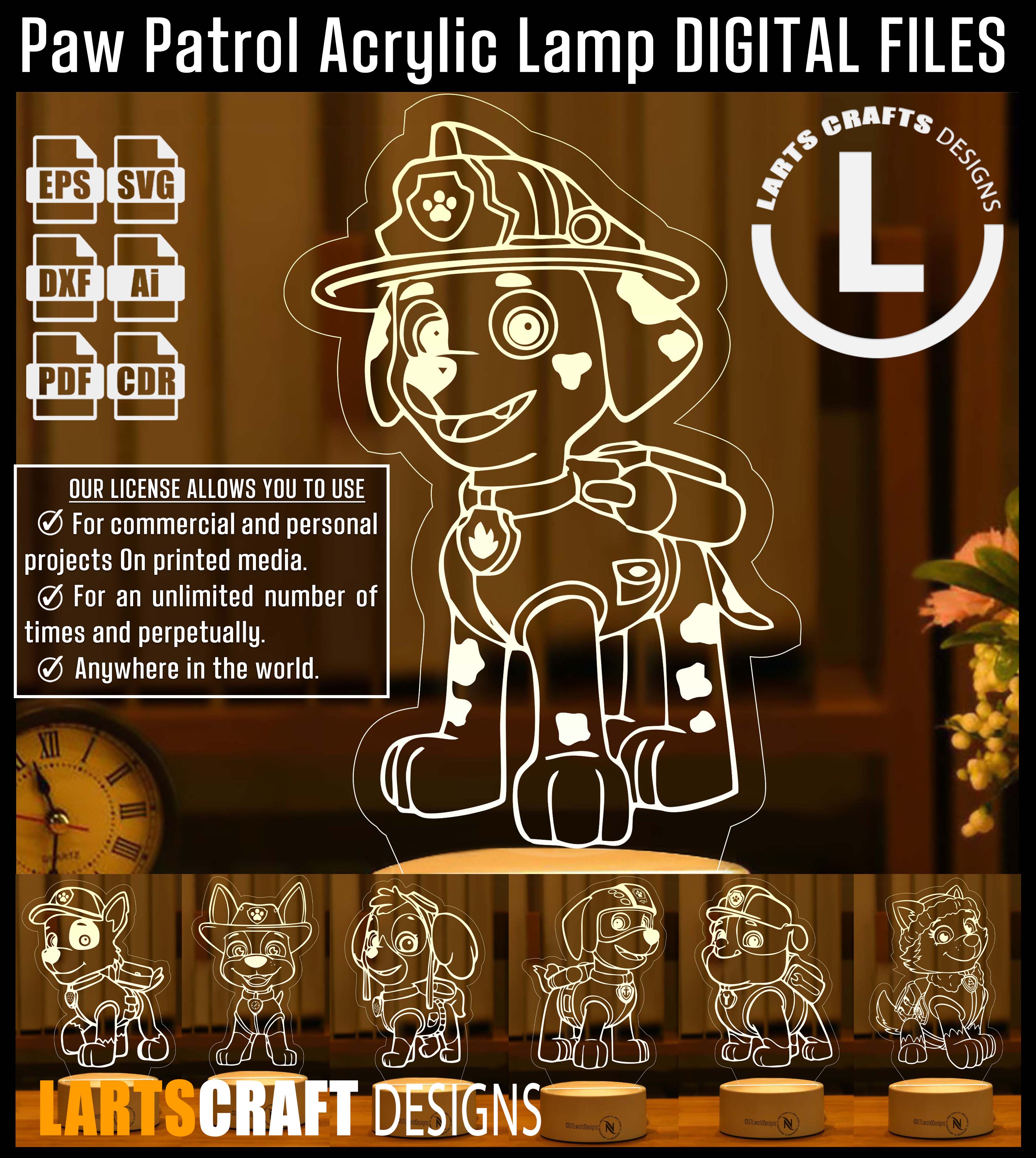 paw patrol Acrylic 7 Lamp Vector file pack for CNC and Laser | Inspire ...