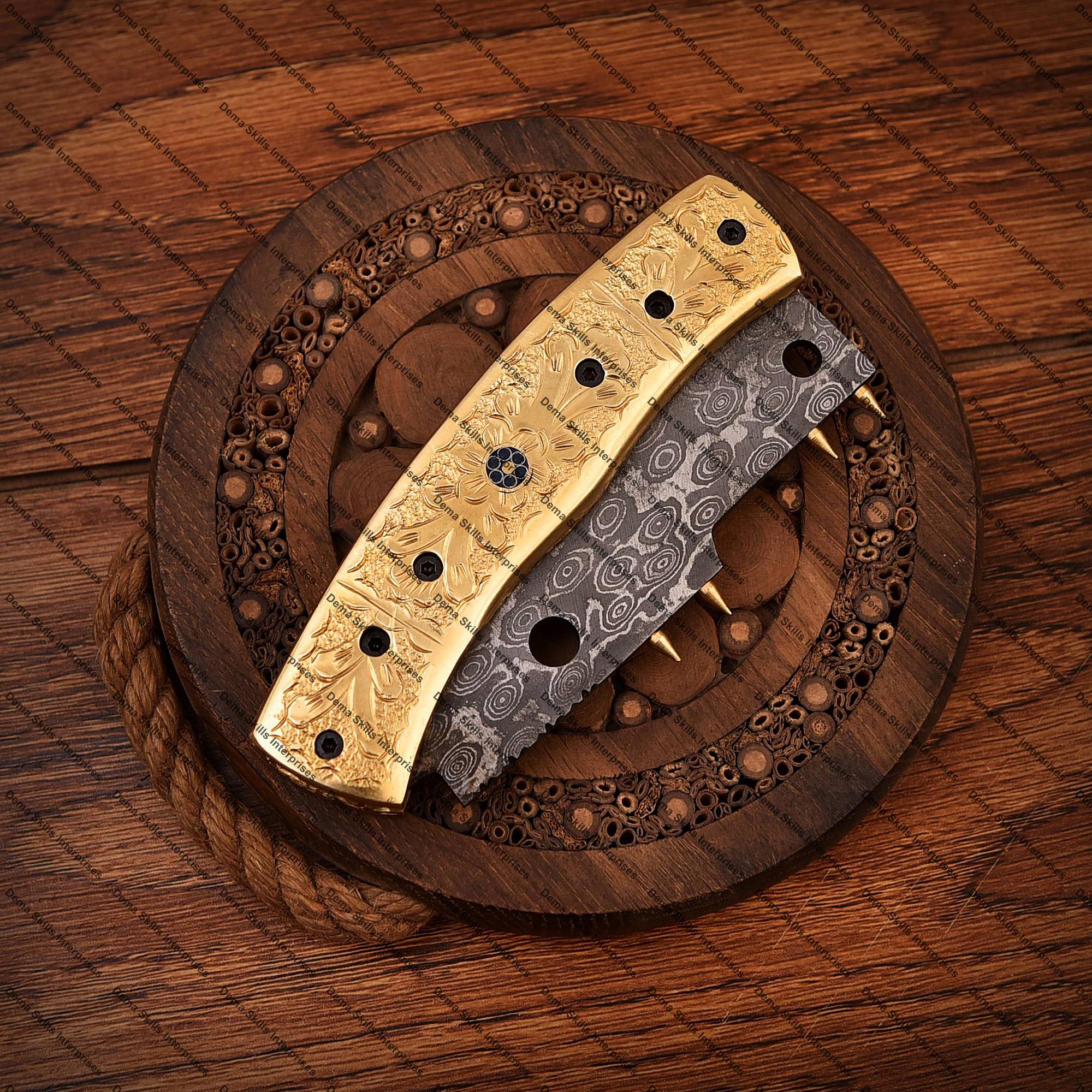 Handmade Damascus Steel Pocket Knife Brass Handle With Leath | Inspire ...