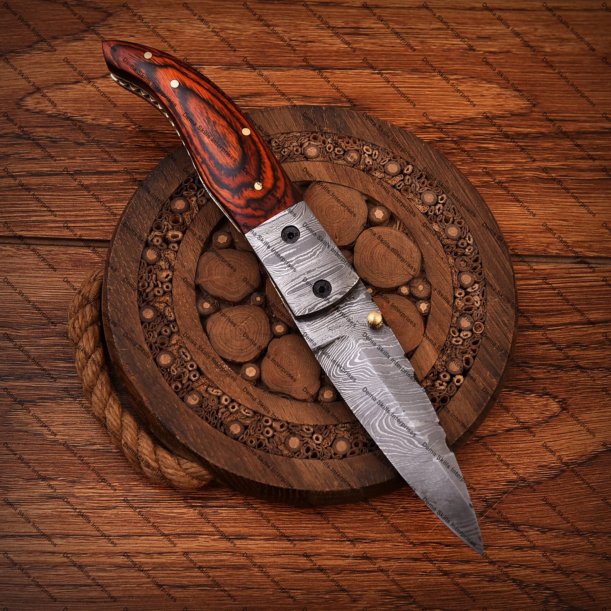 Handmade Damascus Steel Pocket Knife Olive Wood Handle Leath | Inspire ...