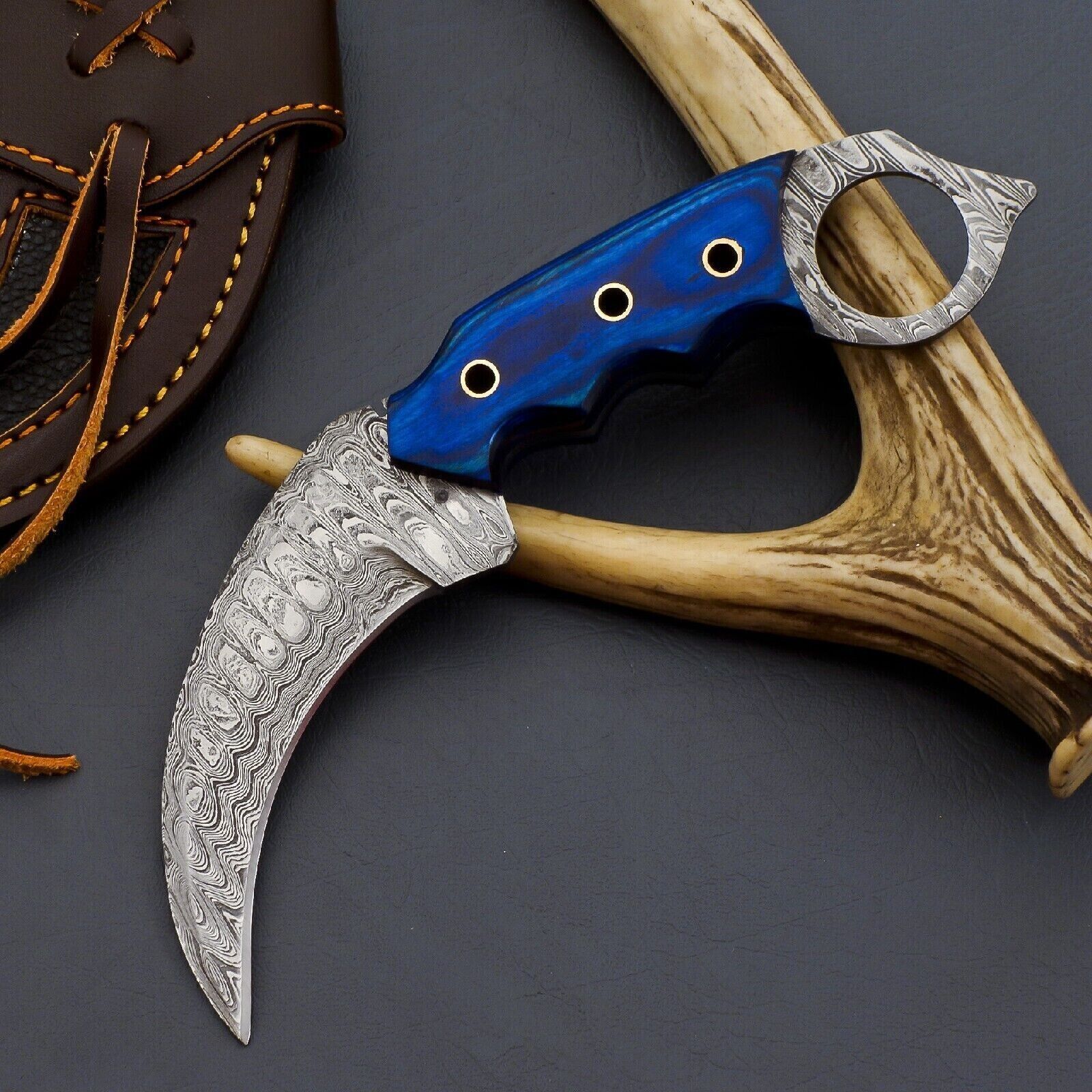 Handmade Damascus Steel Karambit Knife Wood Handle With Leat | Inspire ...