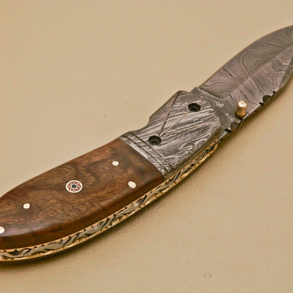 Handmade Damascus Steel Pocket Knife Wood Handle With Leathe | Inspire ...