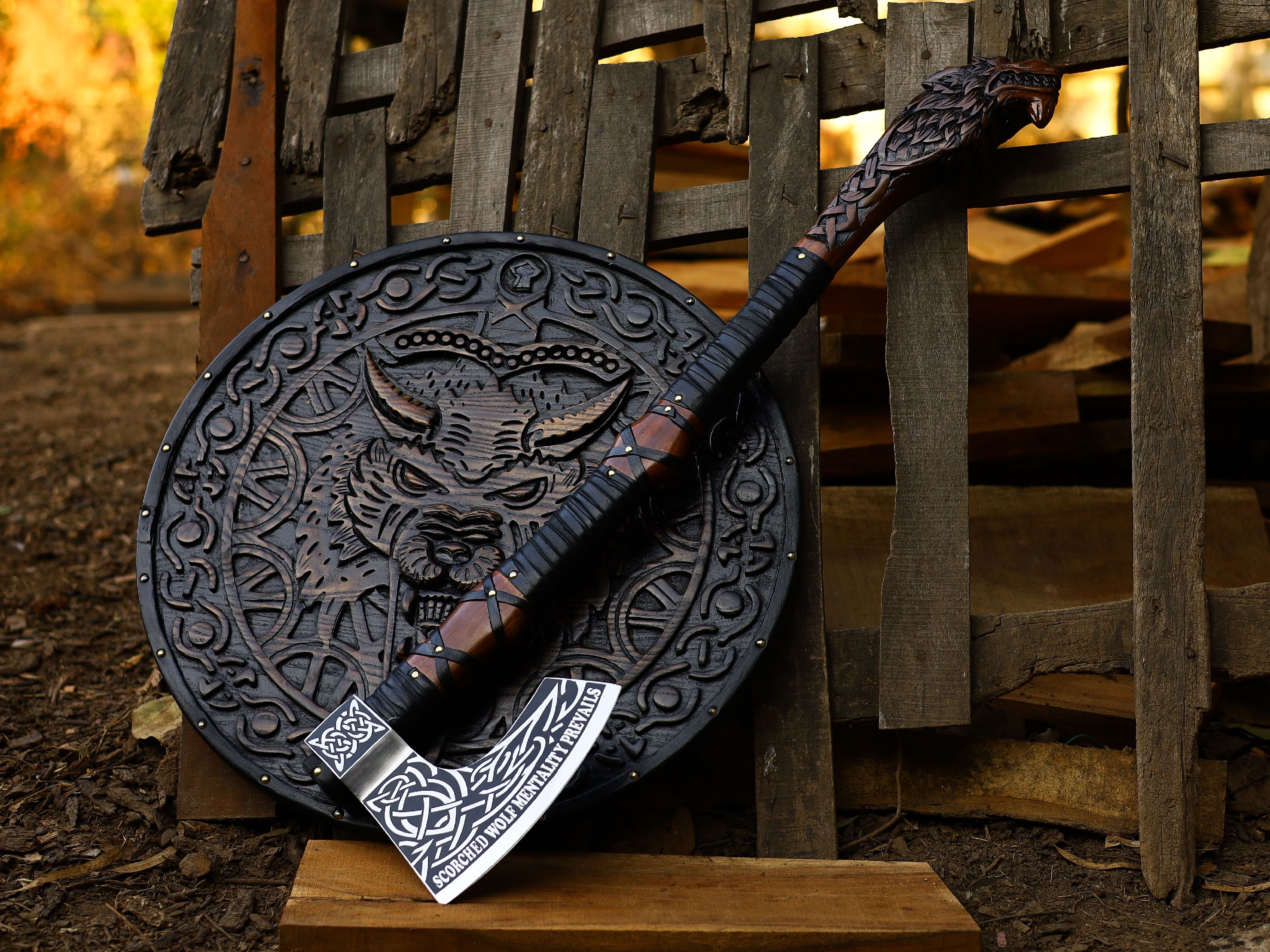 kmcutlery Legendary Norse Wolf head Engraved Axe & Shield | Inspire Uplift