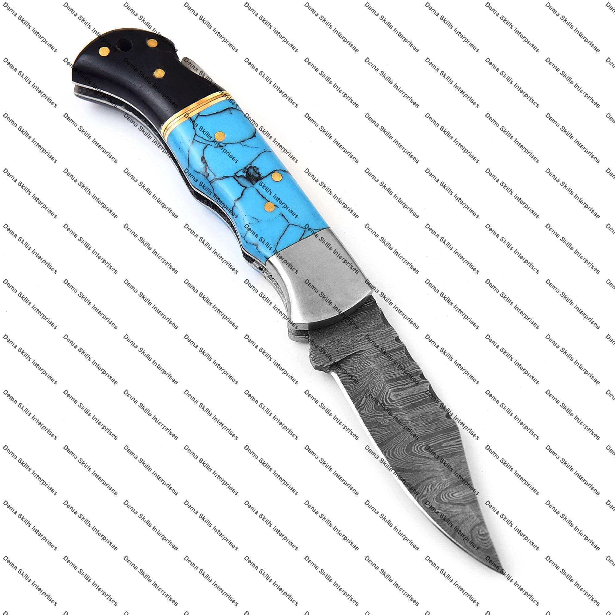 Handmade Damascus Steel Pocket Knife Horn & Turquoise Stone | Inspire ...