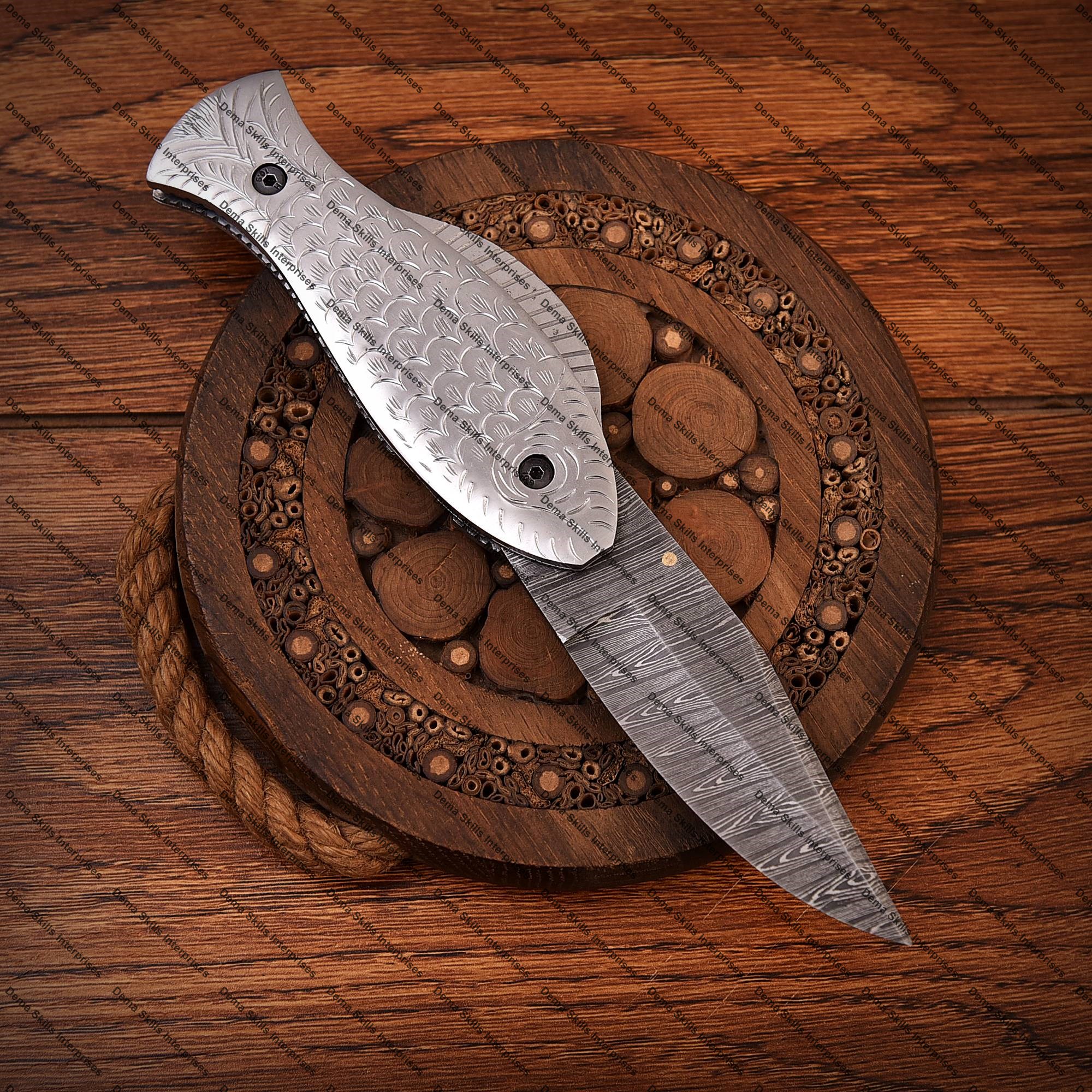 Handmade Damascus Steel Pocket Knife Fish Styal Damascus Han | Inspire ...