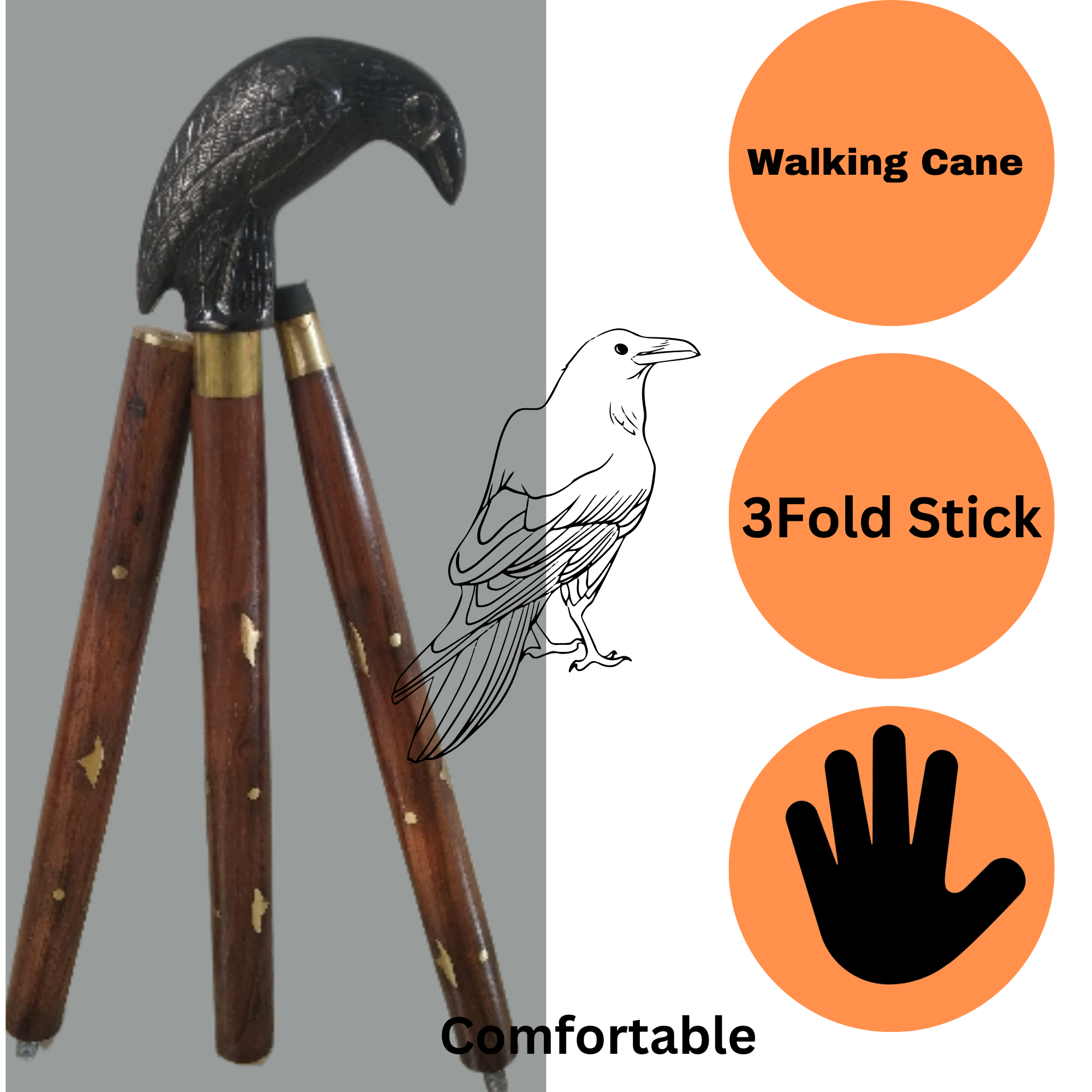 Walking Stick Brass Handle wooden cane Crow Shape Three Fold | Inspire ...
