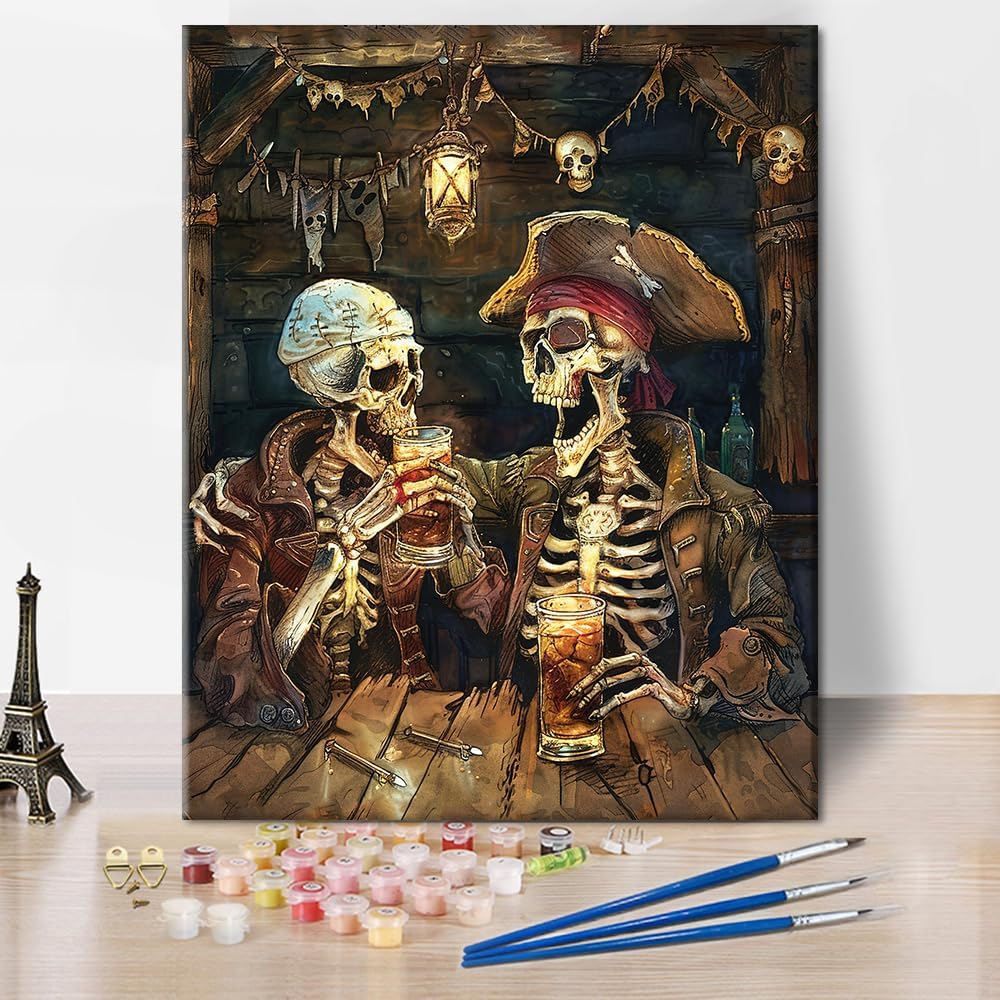 Two Skeletons Adult Paint by Number Skull Glass Beer | Inspire Uplift