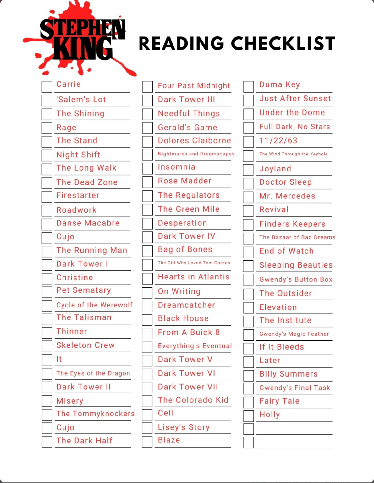 Stephen King Reading Checklist. | Inspire Uplift