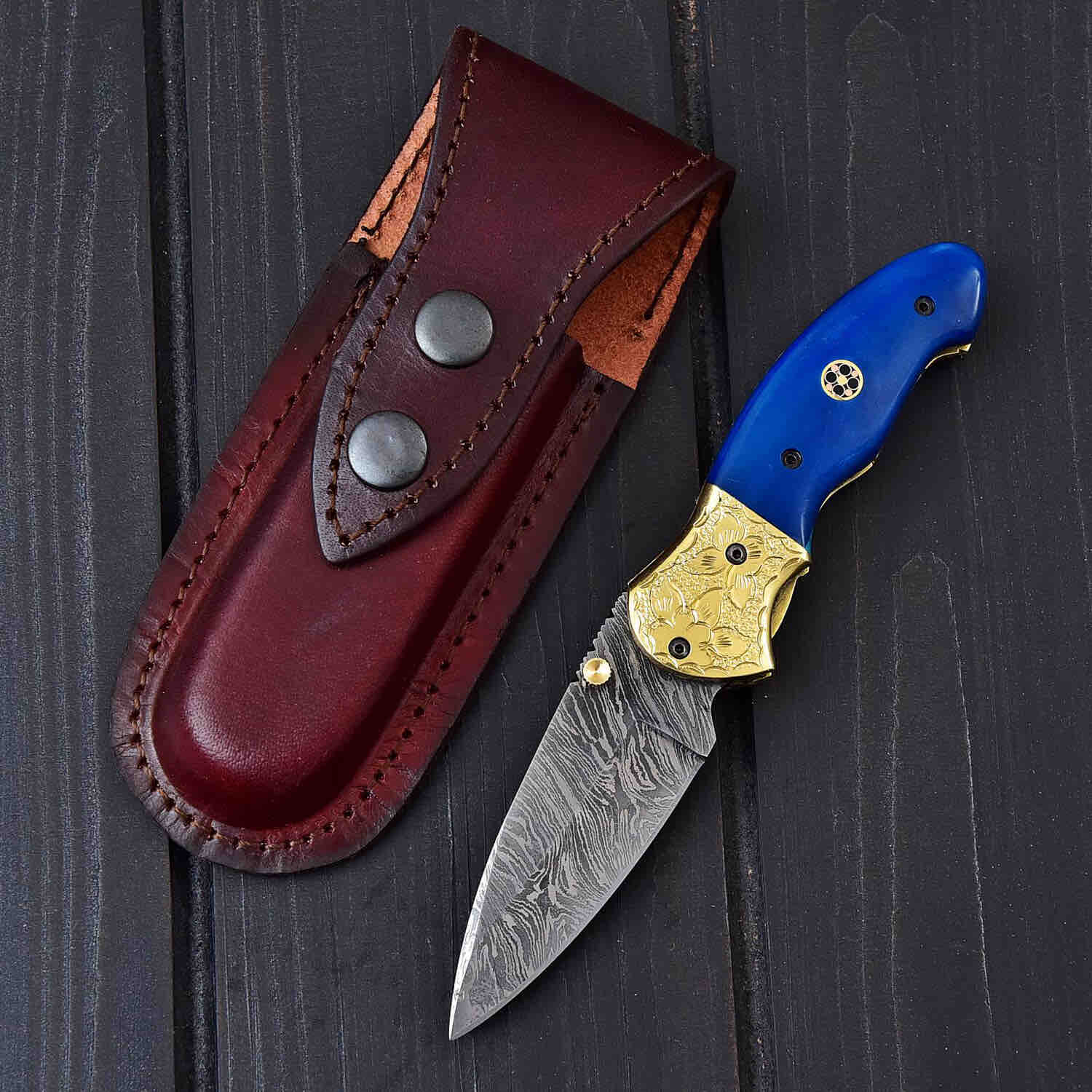 HANDMADE DAMASCUS LINER LOCK KNIFE WITH COLOURED BONE | Inspire Uplift