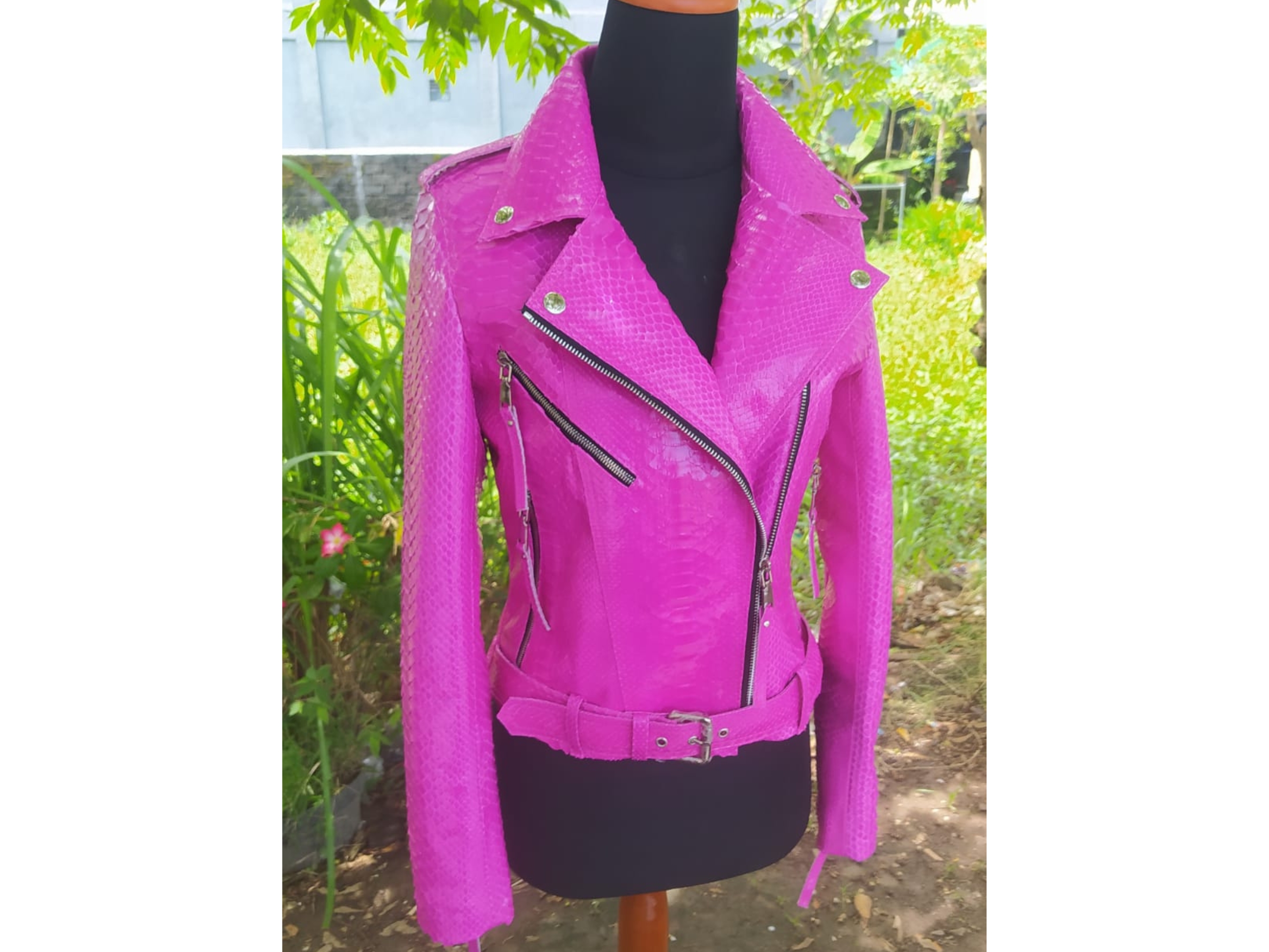 Neon Pink Python Snakeskin Leather Jacket | Inspire Uplift