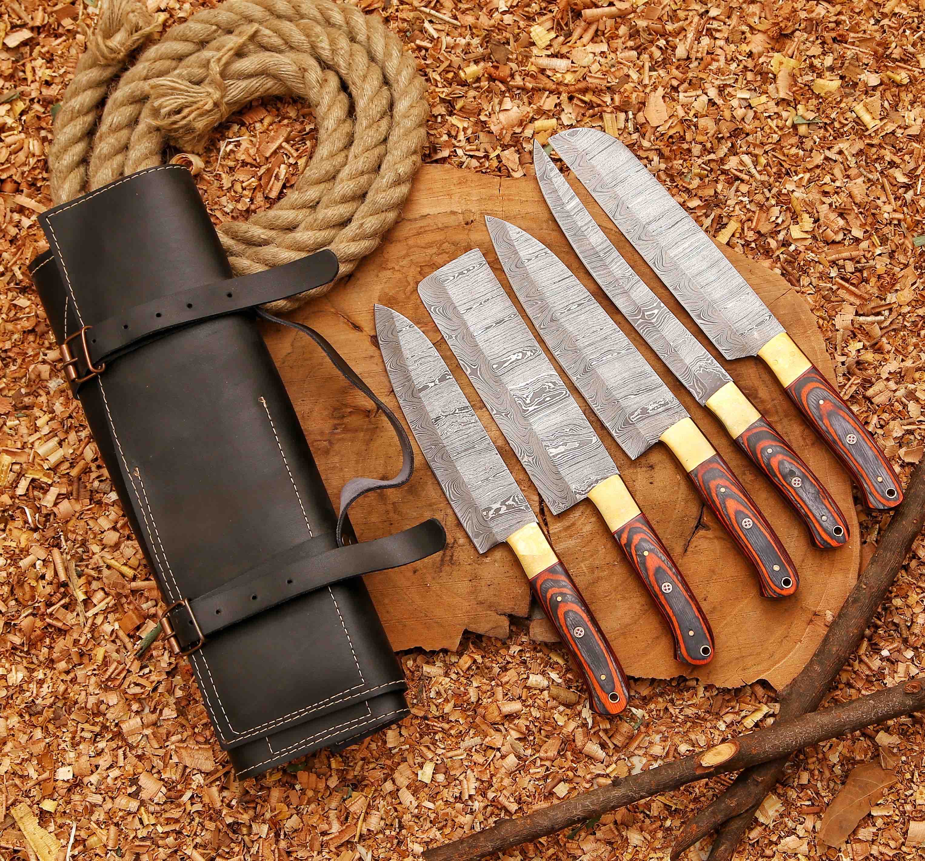 Handcrafted San Mai Damascus Chef Knife Set 5-Piece with Tur | Inspire ...