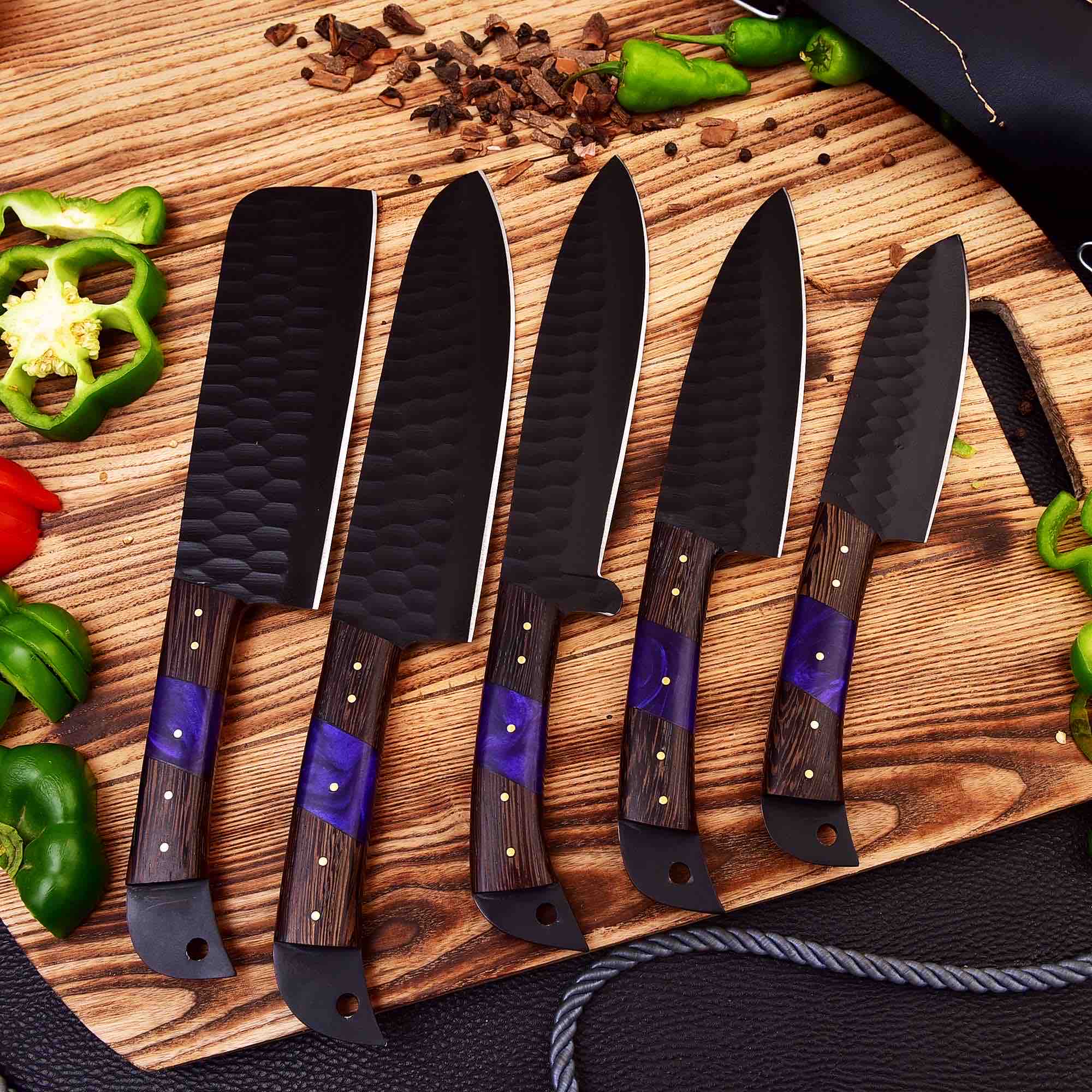 Forged Carbon Coated Steel Chef Set 5Pcs with Leather Roll, | Inspire ...