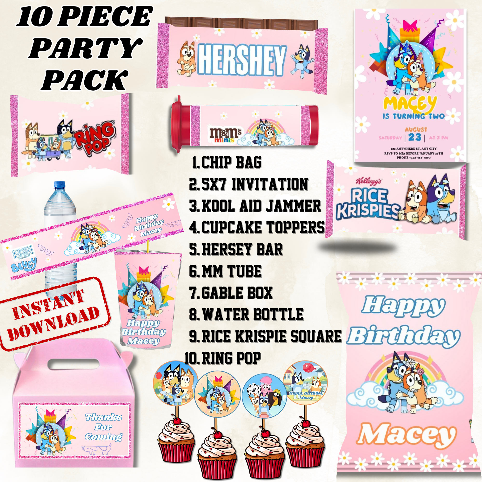 Pink Bluey Party Pack, Editable in Canva, Instant download | Inspire Uplift