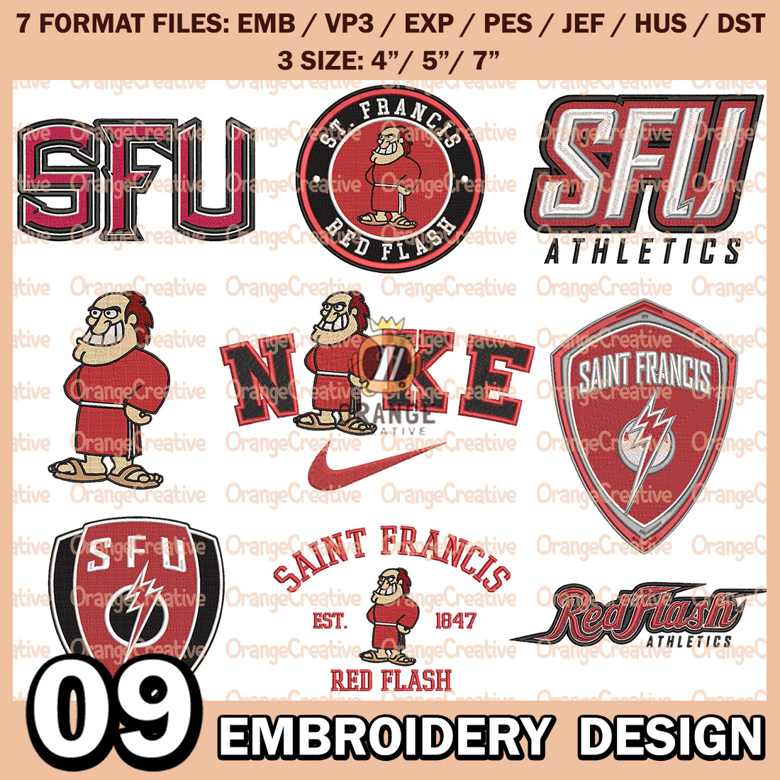 9 St. Francis Red Flash Logo Bundle Emb files, NCAA St. Fran | Inspire ...
