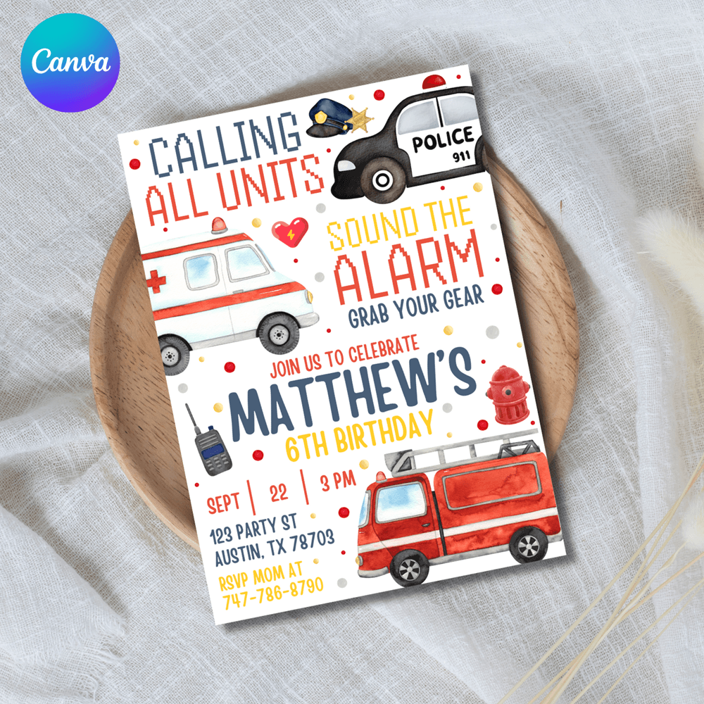 Police & Emergency Vehicle Birthday Invitation Template – Ca | Inspire ...