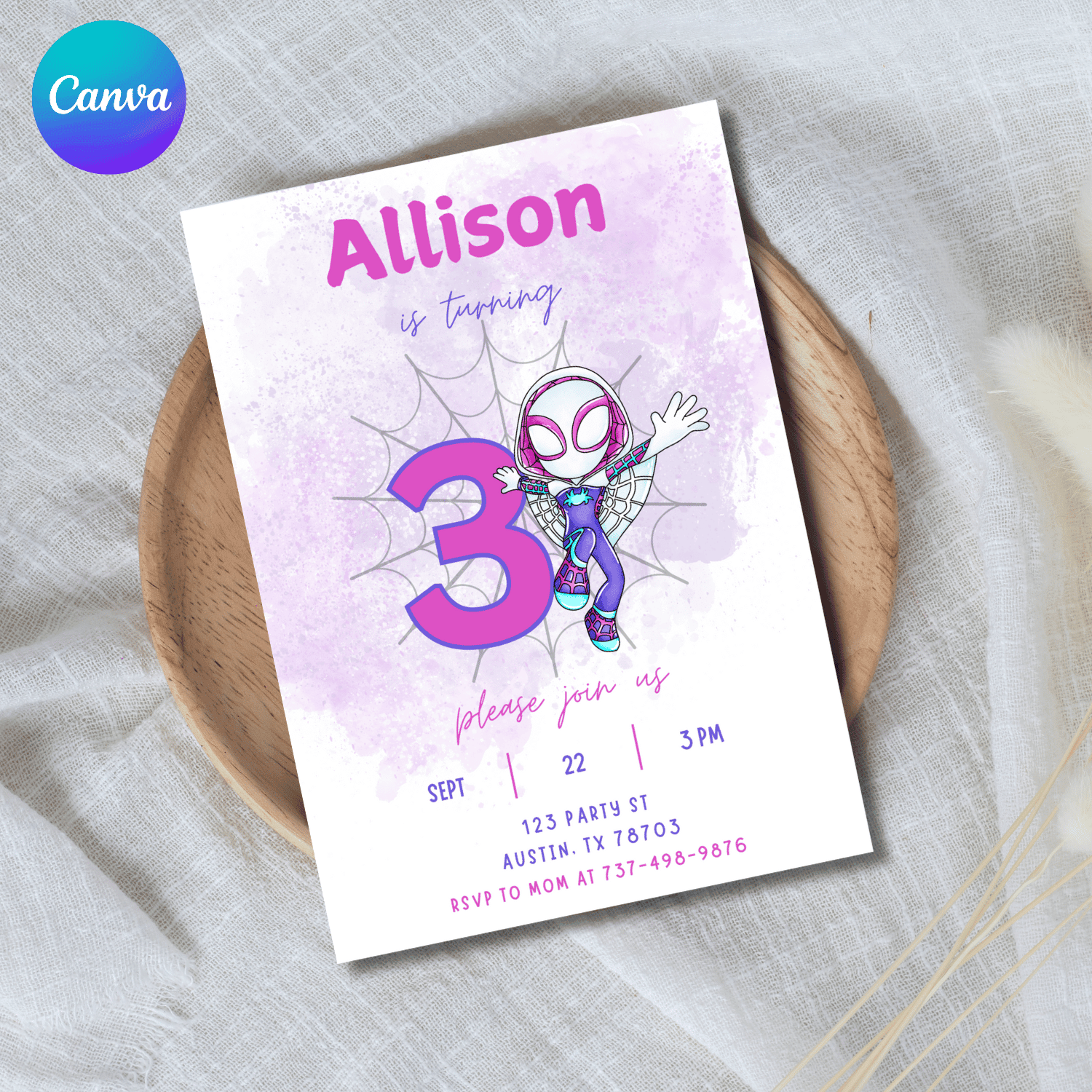 Customizable Spider-Gwen Birthday Invitation Template – Edit | Inspire ...