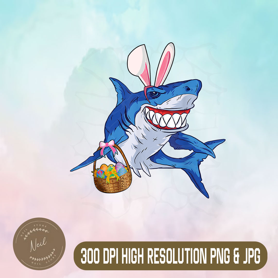 Funny Grinning Easter Shark with Easter Basket Bunny Ears Ea | Inspire ...