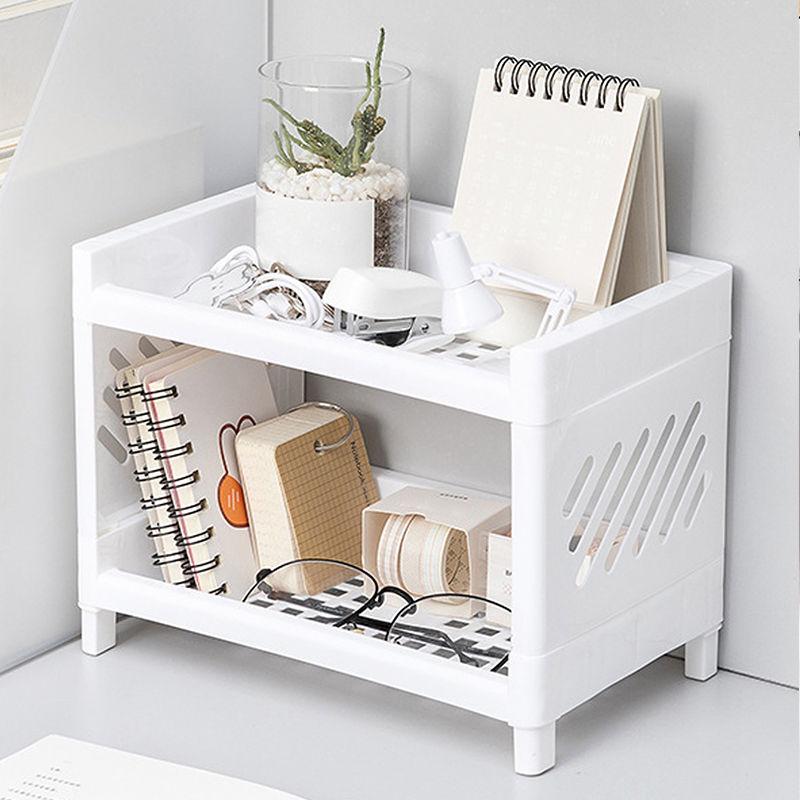 Double Layer Storage Rack White Rectangular Desk Organizer | Inspire Uplift