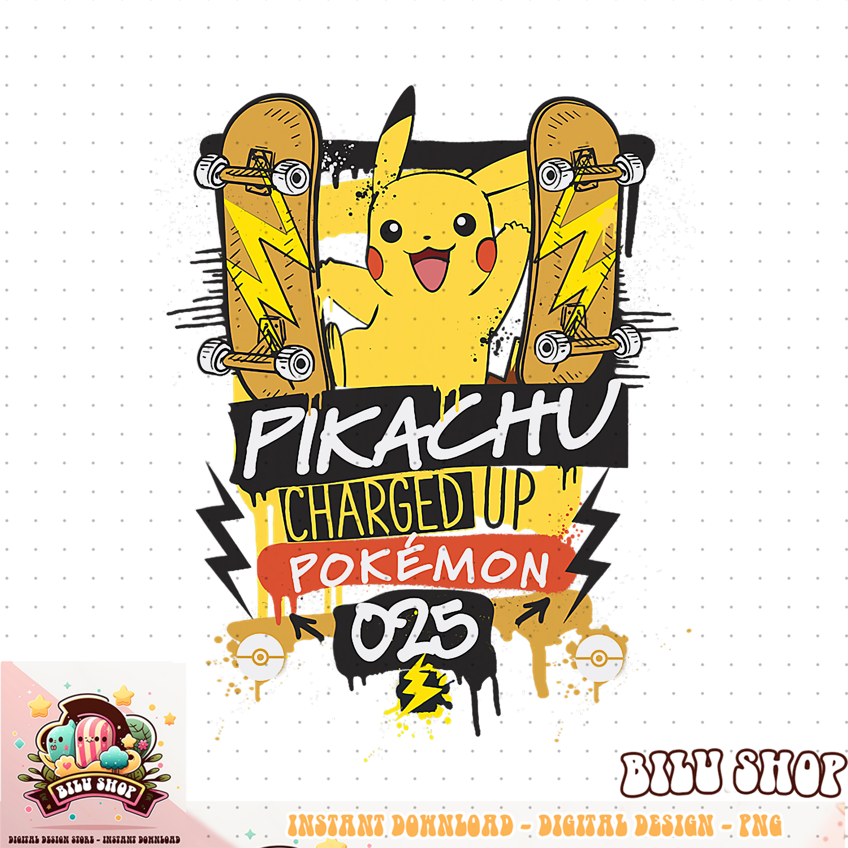 Pokemon Pikachu Charged Up 025 Skater Pikachu Street Art T- | Inspire ...