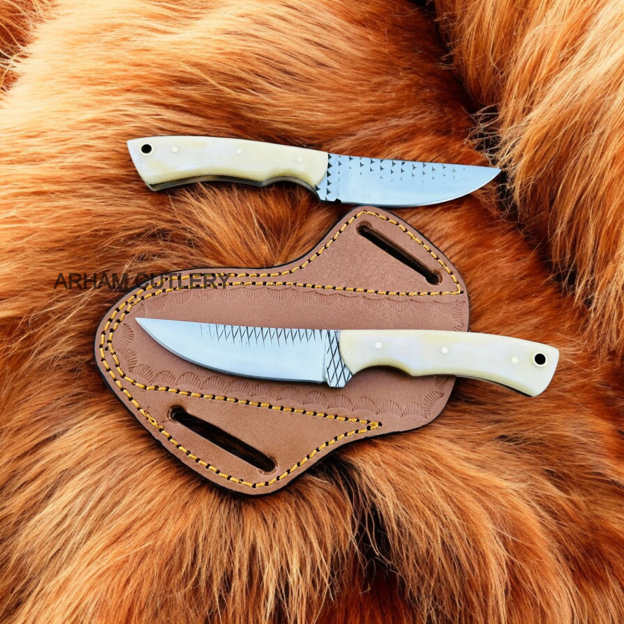 Pair Of Camel Bone Fixed Blade Skinning With Leather Sheath | Inspire ...