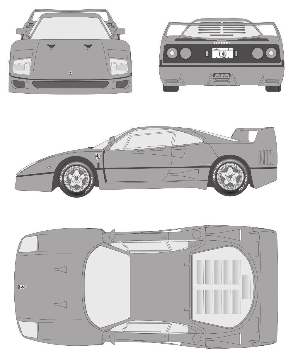 Ferrari F40 Car Blueprint PDF SVG Vector File. | Inspire Uplift