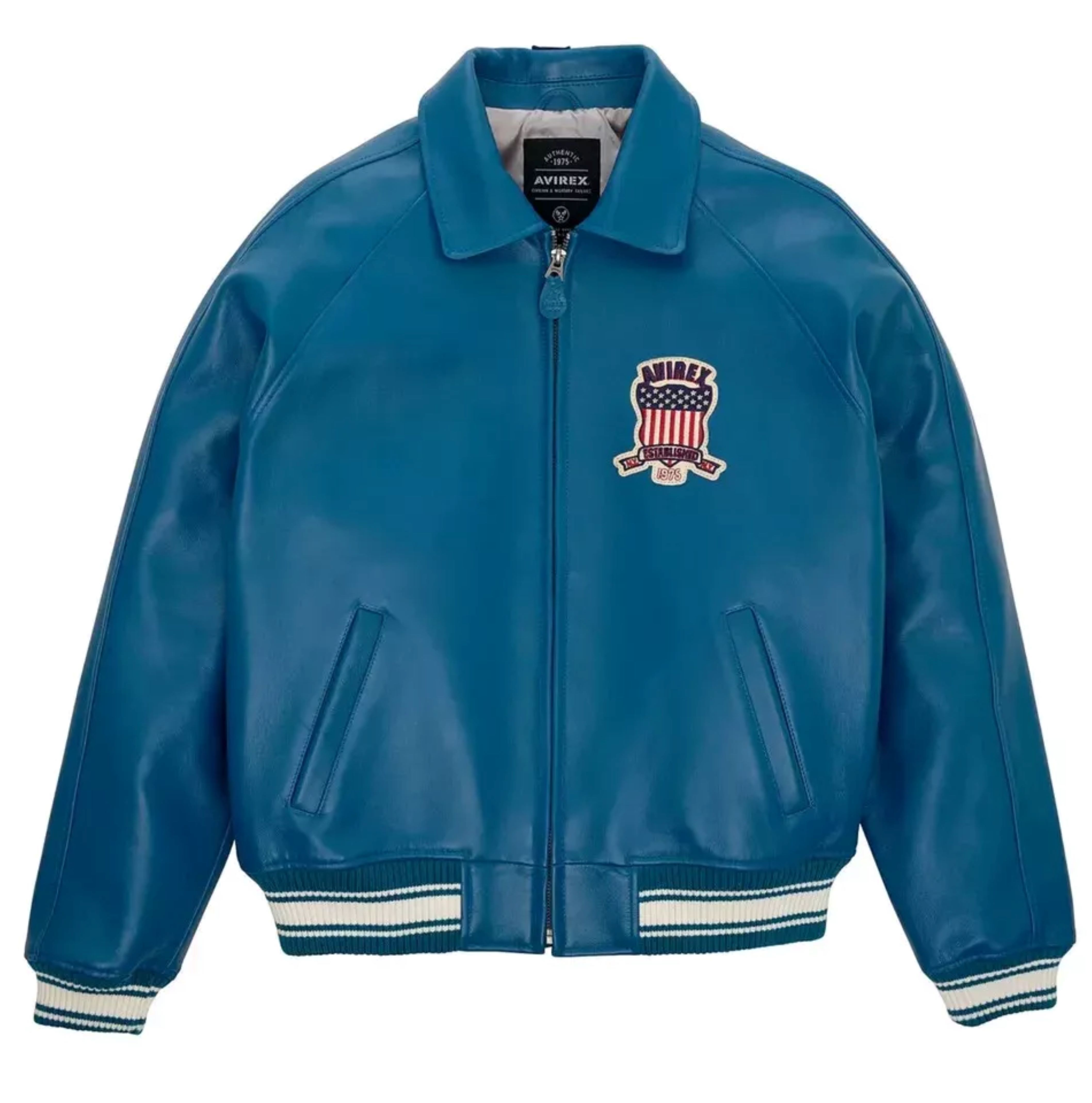 Men's Avirex Dark Blue Leather Bomber American Flight Jacket | Inspire ...