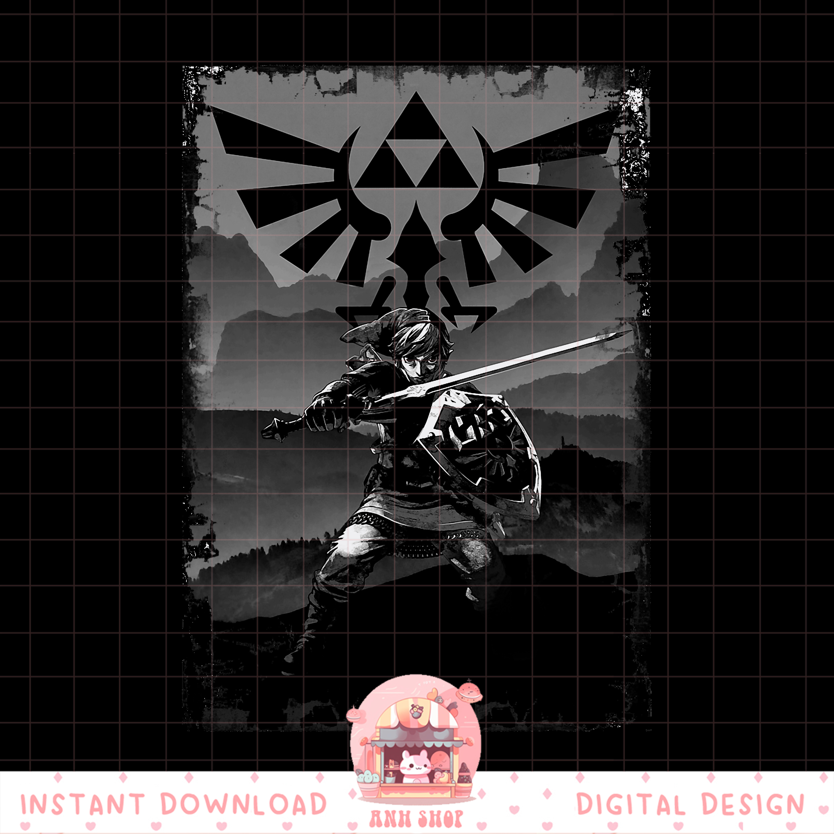 Nintendo Zelda Link Battle Ready Greyscaled Graphic png, dig | Inspire ...