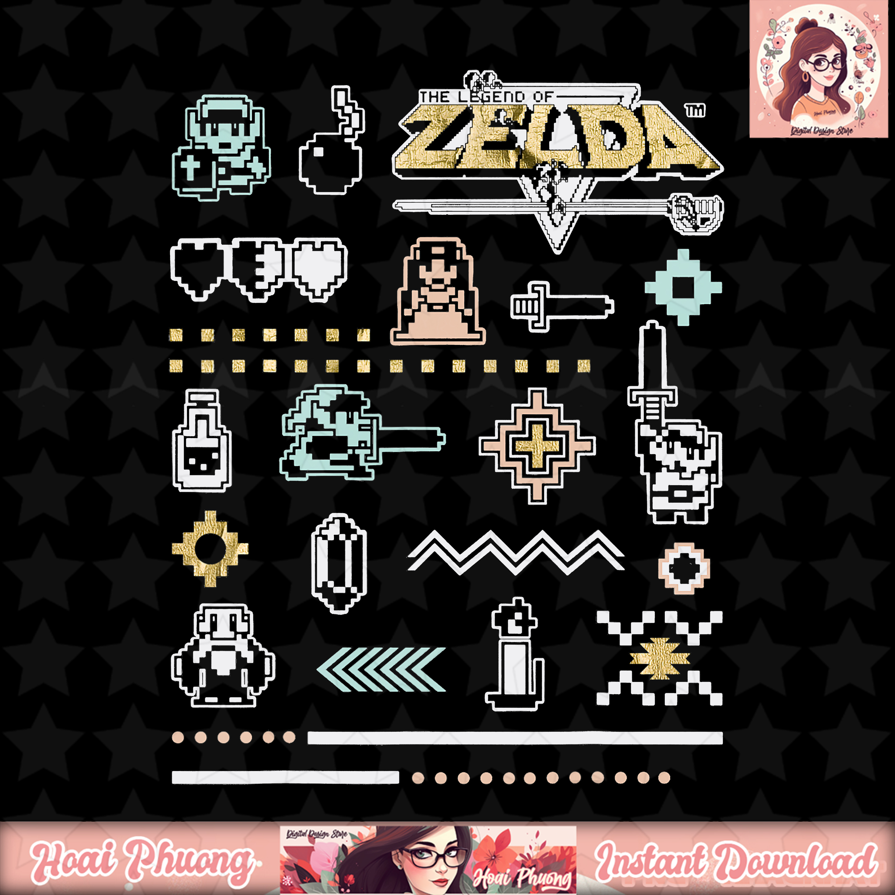 Nintendo Zelda 8-Bit Pixel Boho Gold Icons Graphic png, digi - Inspire ...
