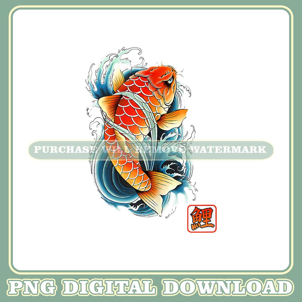 Koi Fish Japanese Carp Drawing In Blue Orange Kanji Stamp Pn | Inspire ...