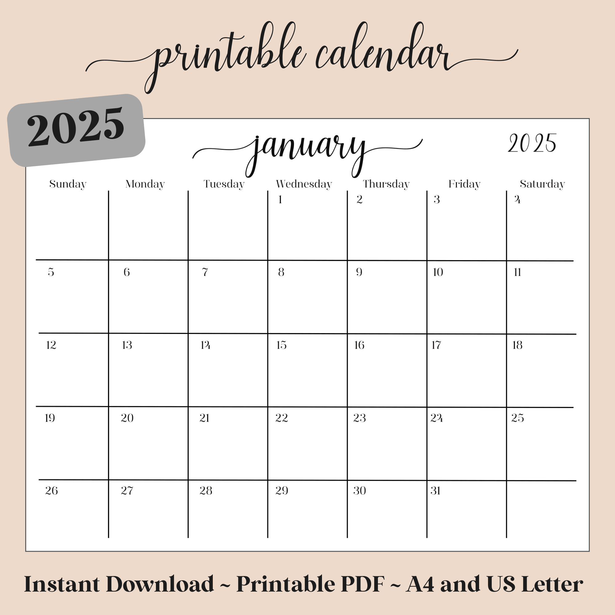 2025 Calendar | PDF Printable Digital Download | Calendar | Inspire Uplift