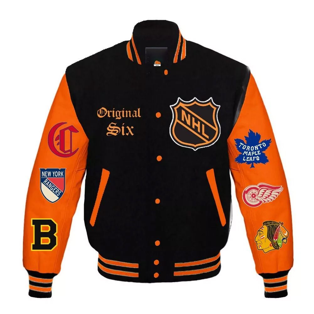 Original Six NHL Varsity Jacket Men Black Wool Body Orange L | Inspire ...