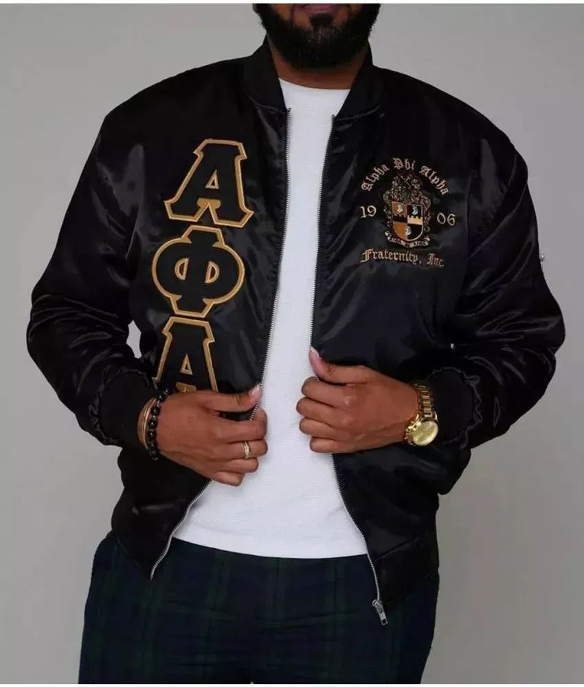 Alpha Phi Alpha Black Satin Bomber Jacket Varsity Style Frat | Inspire ...
