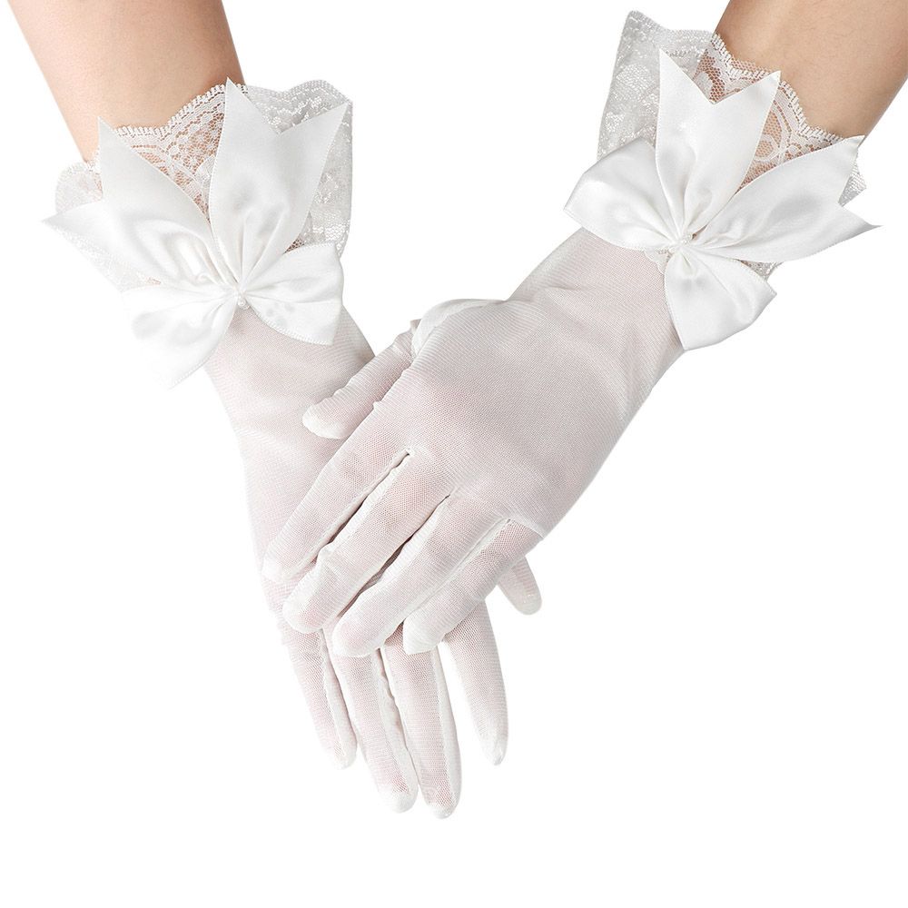 White Satin Bride Gloves with Bowknot Lace Detail | Inspire Uplift