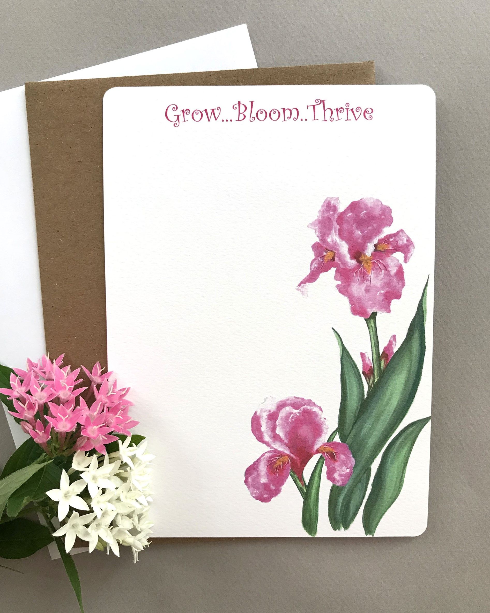 Pink Iris Flowers, Personalized Flat Note Card Stationery - | Inspire ...