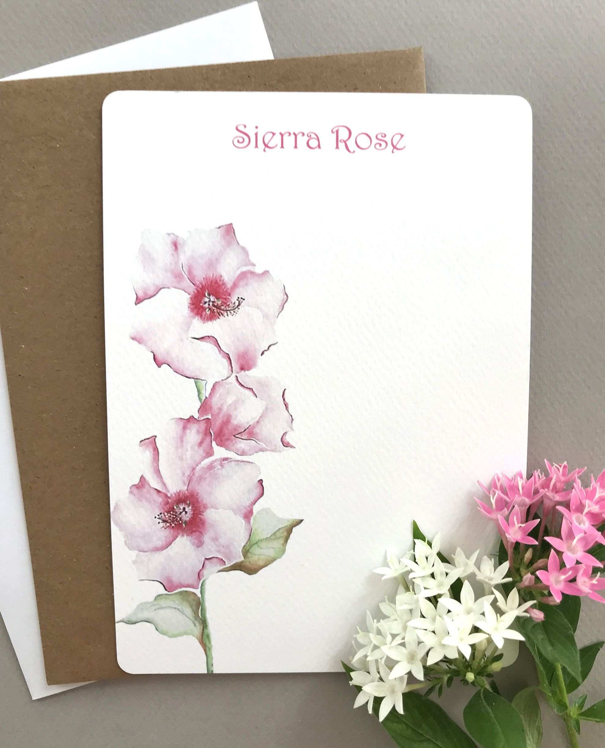 Pink Hibiscus Flowers, Personalized Flat Note Card Stationer | Inspire ...
