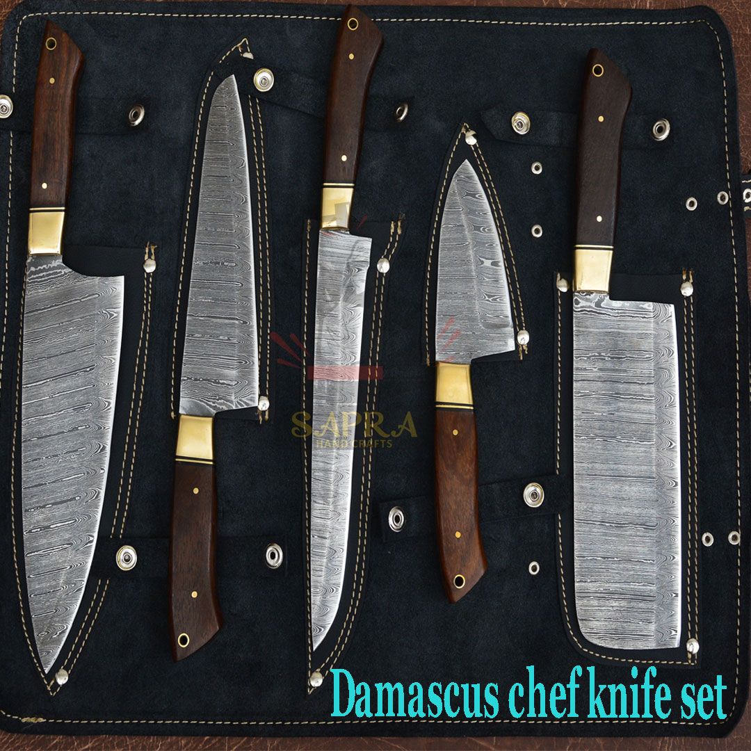 Handcrafted Damascus Steel Chef Knife Set with Leather Roll | Inspire ...
