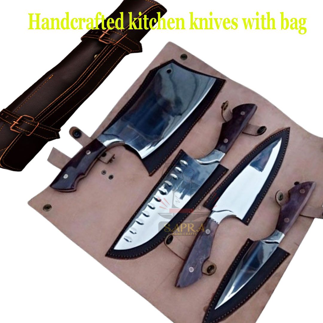 4-Piece Handcrafted Kitchen Knife Set with Leather Roll Bag | Inspire ...