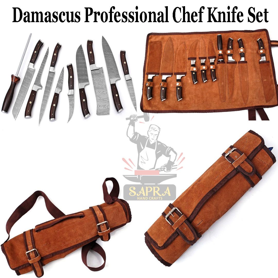 Handmade damascus steel 9-piece chef knife set leather roll | Inspire ...