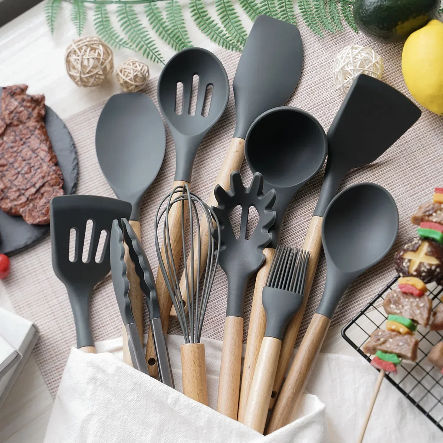 12PCS Silicone Kitchenware Set, Wooden Handle Cooking Tools, | Inspire ...