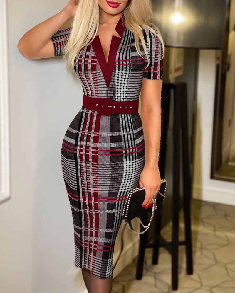 Pattern V-Neck Midi Pencil Dress with Belt | Inspire Uplift