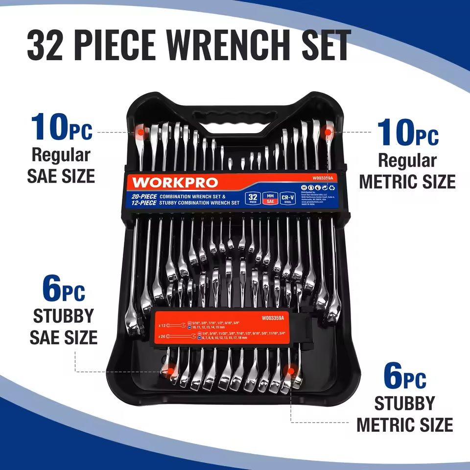 32 Piece SAE and Metric Wrench Set with Standard and Stubby | Inspire ...