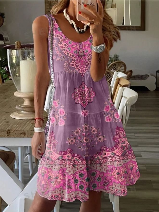 Plus Size Printed Pleated Sleeveless V Neck Summer Dress | Inspire Uplift
